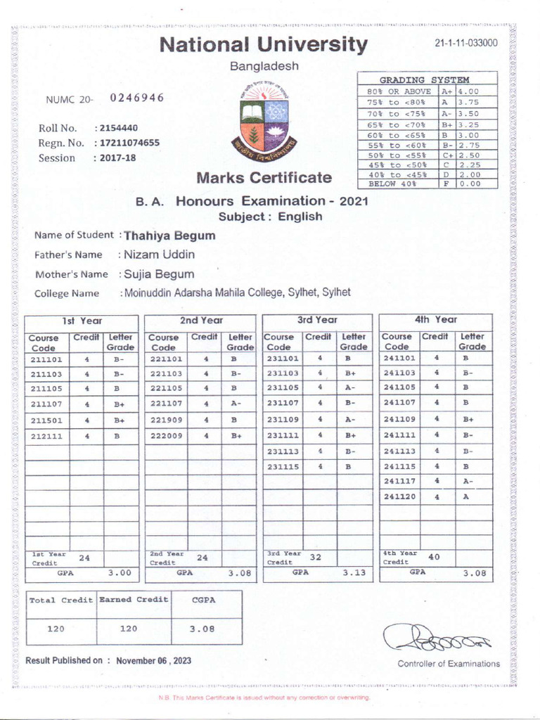 BACHELOR TRANSCRIPT | PDF