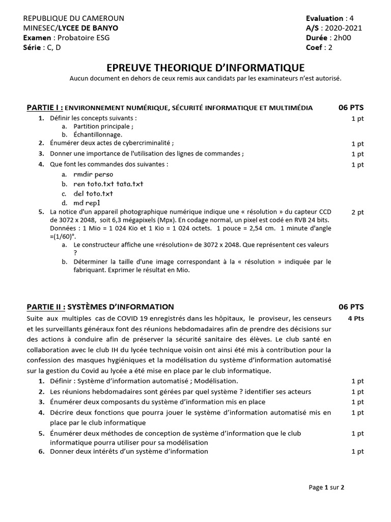 Informatique - Lycee de Banyo - Evaluation 4 - As 2020 - 2021 - Examen Probatoire Esg - Série C ...