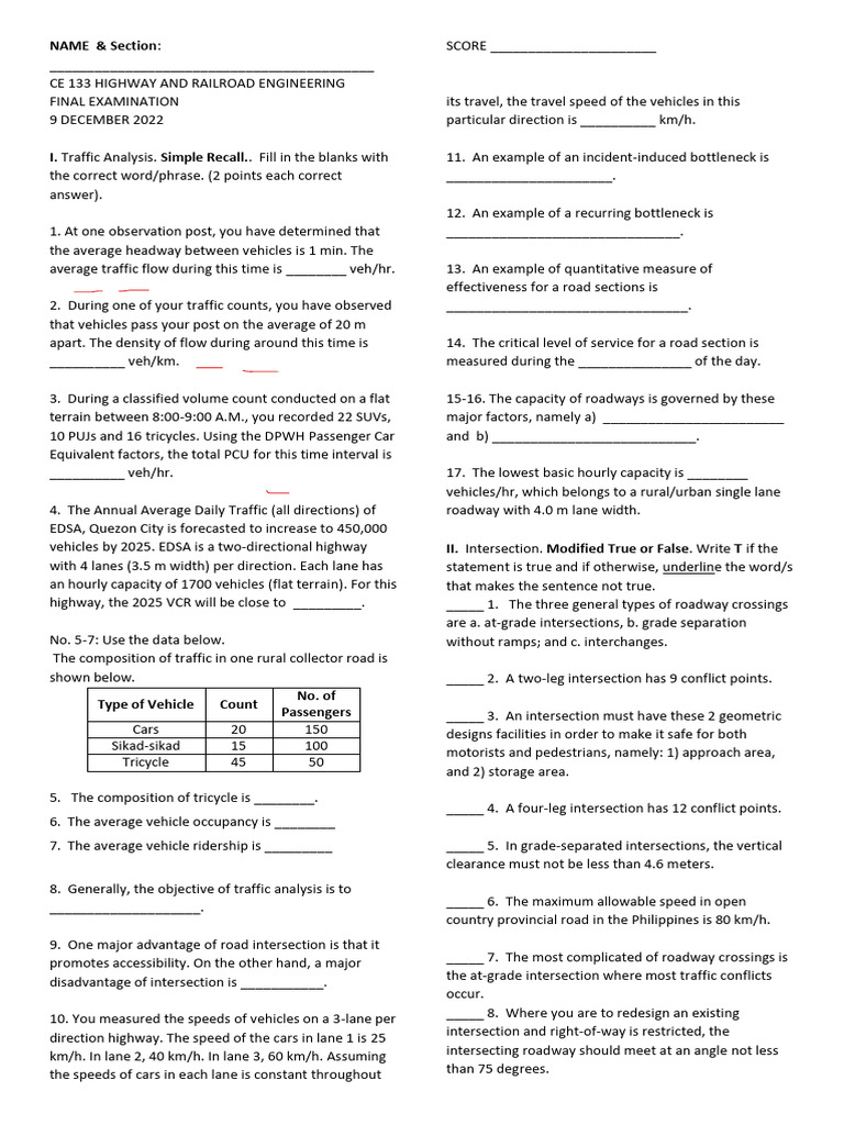 CE 133 Answer Key - Final Examination | PDF