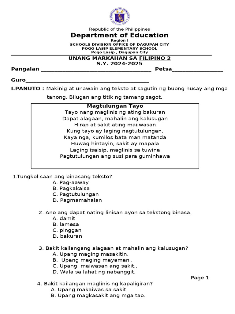 1st Quarter Filipino 2 TQ | PDF | Philippines