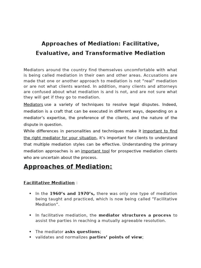 Approaches of Mediation FACILITATIVE, Transformative AND EVALUATIVE MEDIATION | PDF