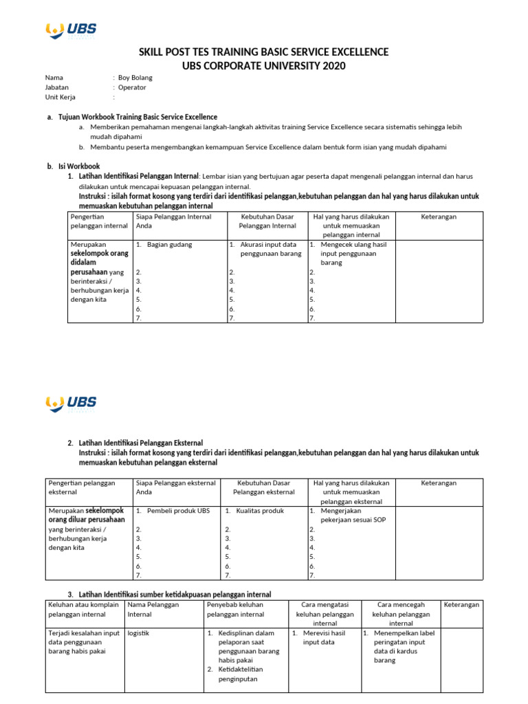 Workbook Training Basic Service Excellence Contoh | PDF