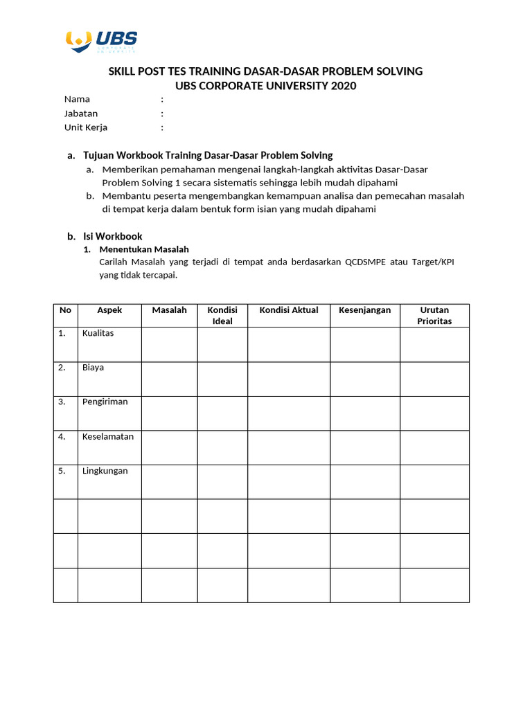 Workbook Training Dasar Dasar Problem Solving | PDF