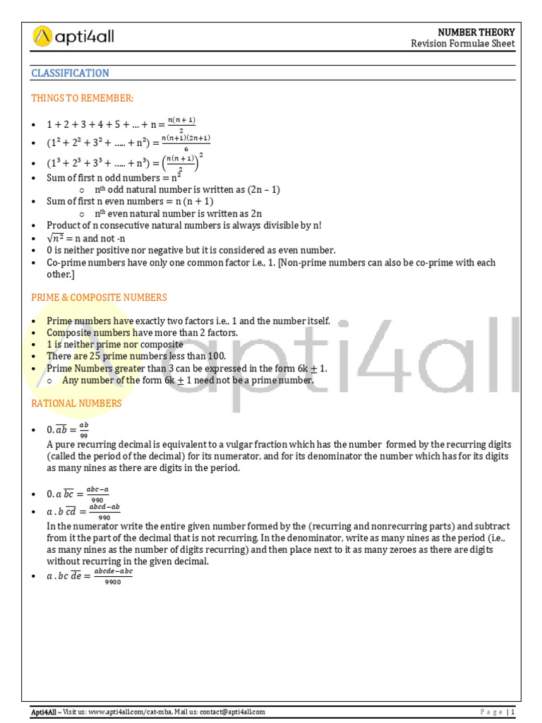 Numbers Formulae Sheet | PDF