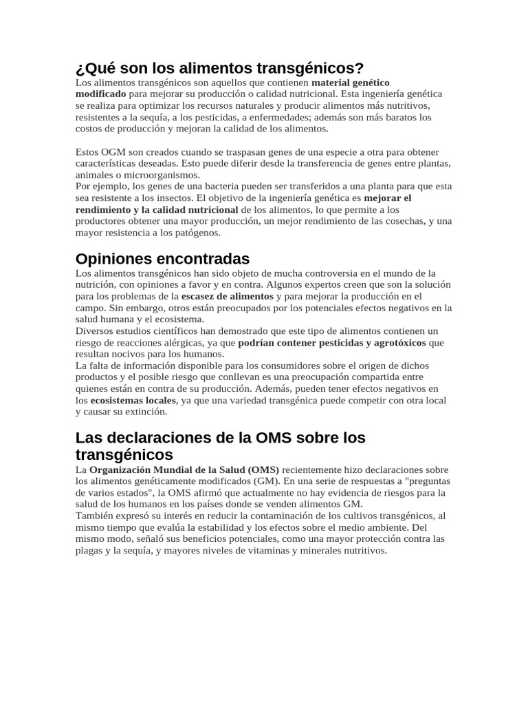 Los Alimentos Transgenicos y La Salud Humana | PDF | Organismo ...