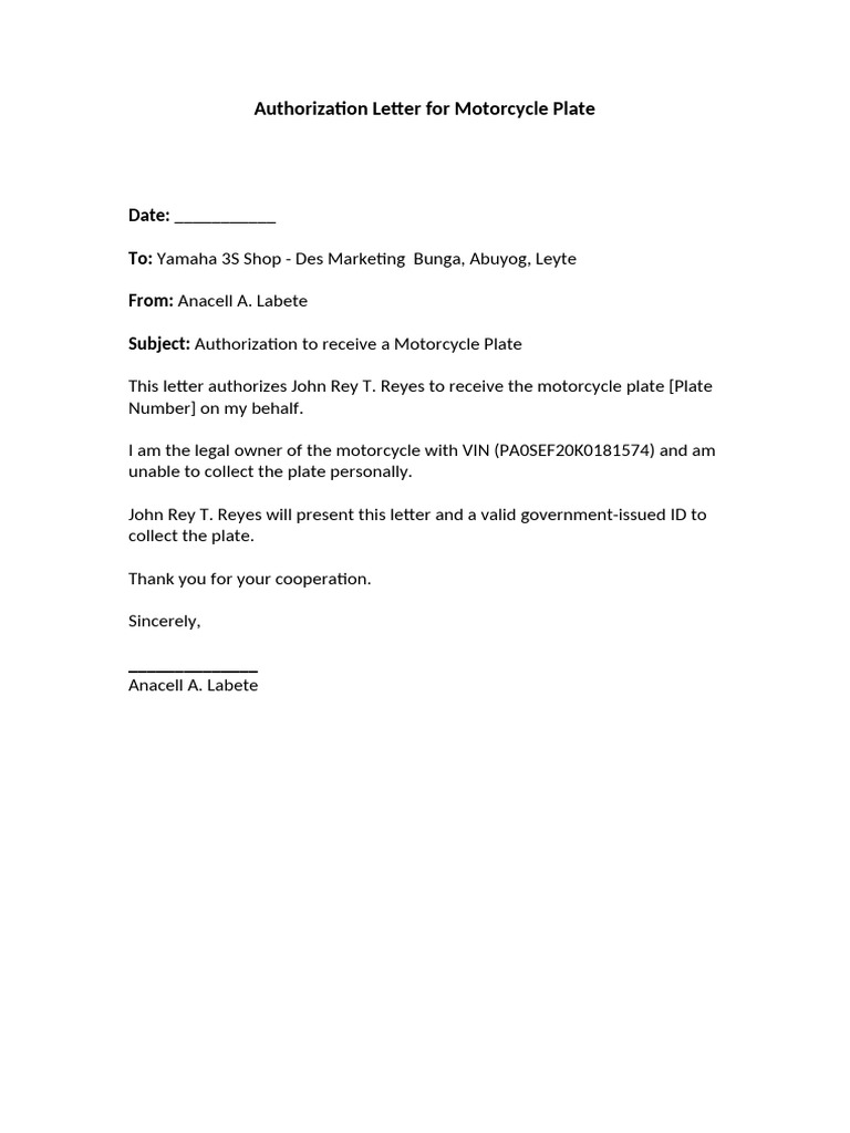 Authorization Letter For Motorcycle Plate | PDF