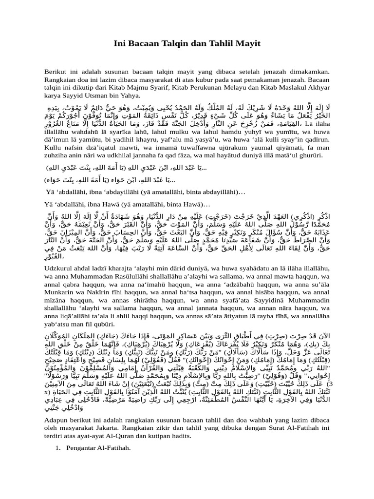 Ini Bacaan Talqin Dan Tahlil Mayit | PDF