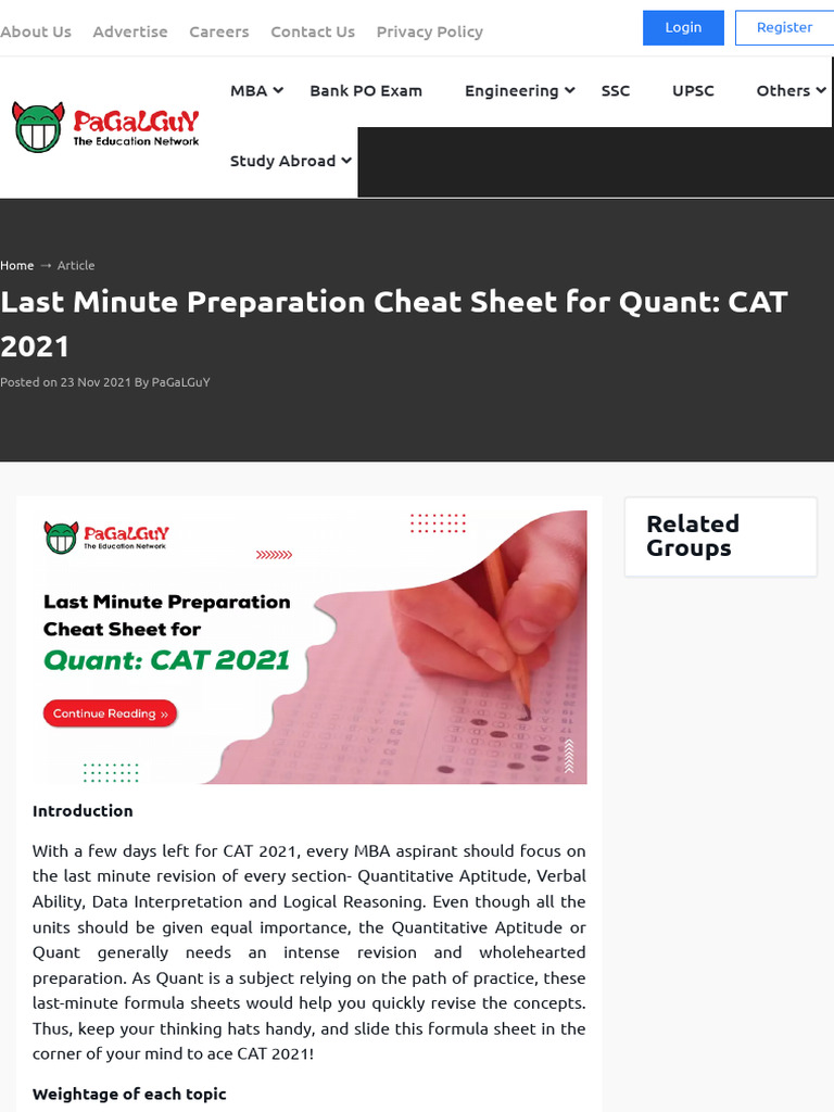 Last Minute Preparation Cheat Sheet For Quant - CAT 2021 - PaGaLGuY | PDF