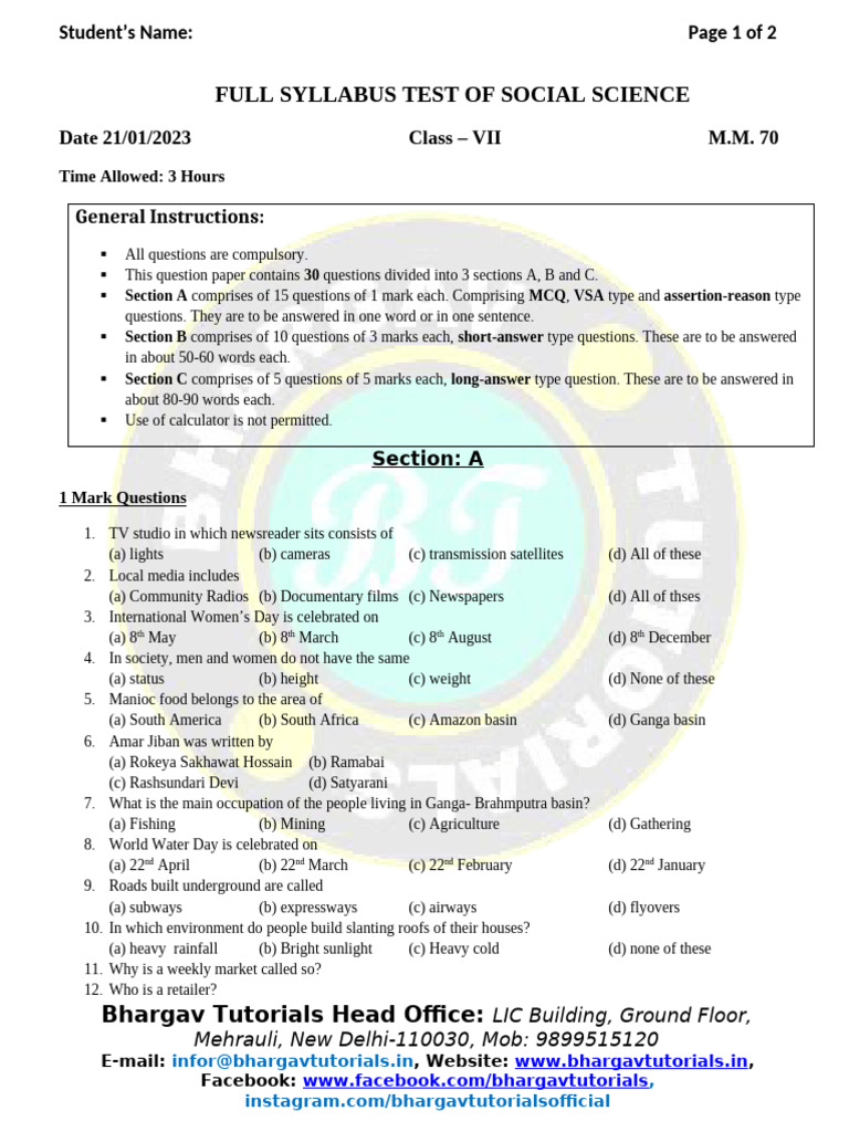 Full Syllabus Test of Social Science-VII | PDF