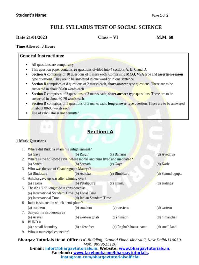 Full Syllabus Test of Social Science-VI | PDF