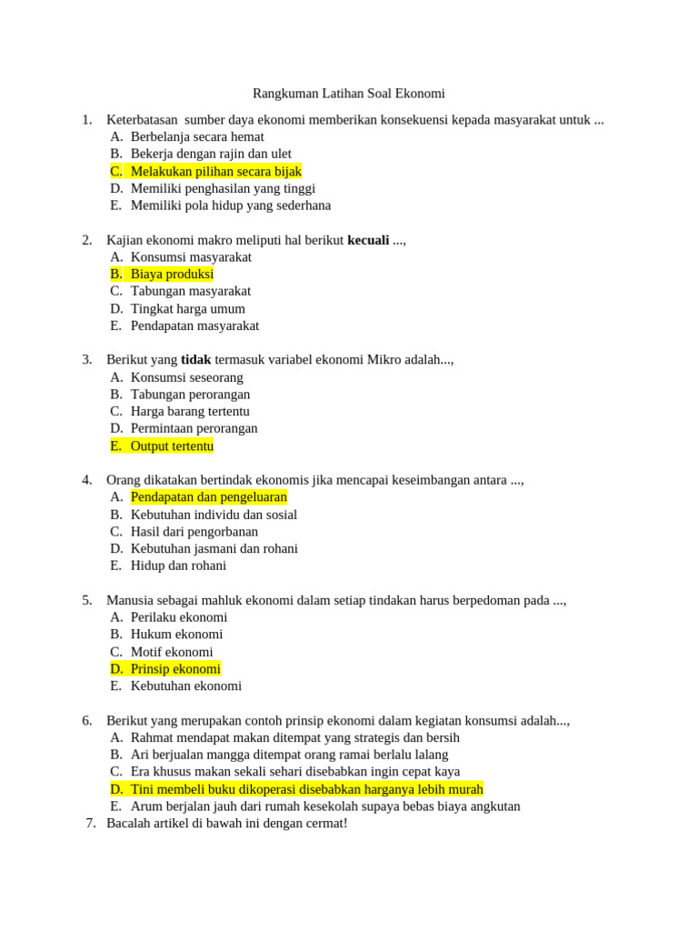 Rangkuman Latihan Soal & Jawaban Ekonomi Kelas X | PDF