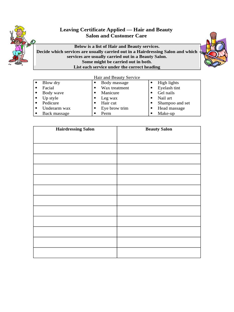 Hair and Beauty Module 1 - Salon Customer Care Worksheet 1 | PDF