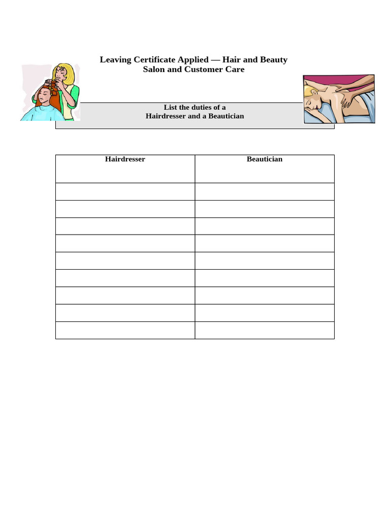 Hair and Beauty Duties Worksheet | PDF