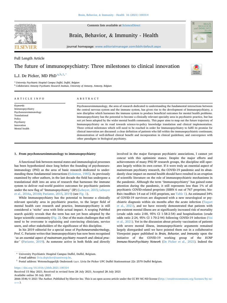 The Future of Immunopsychiatry Three Milestones To | PDF