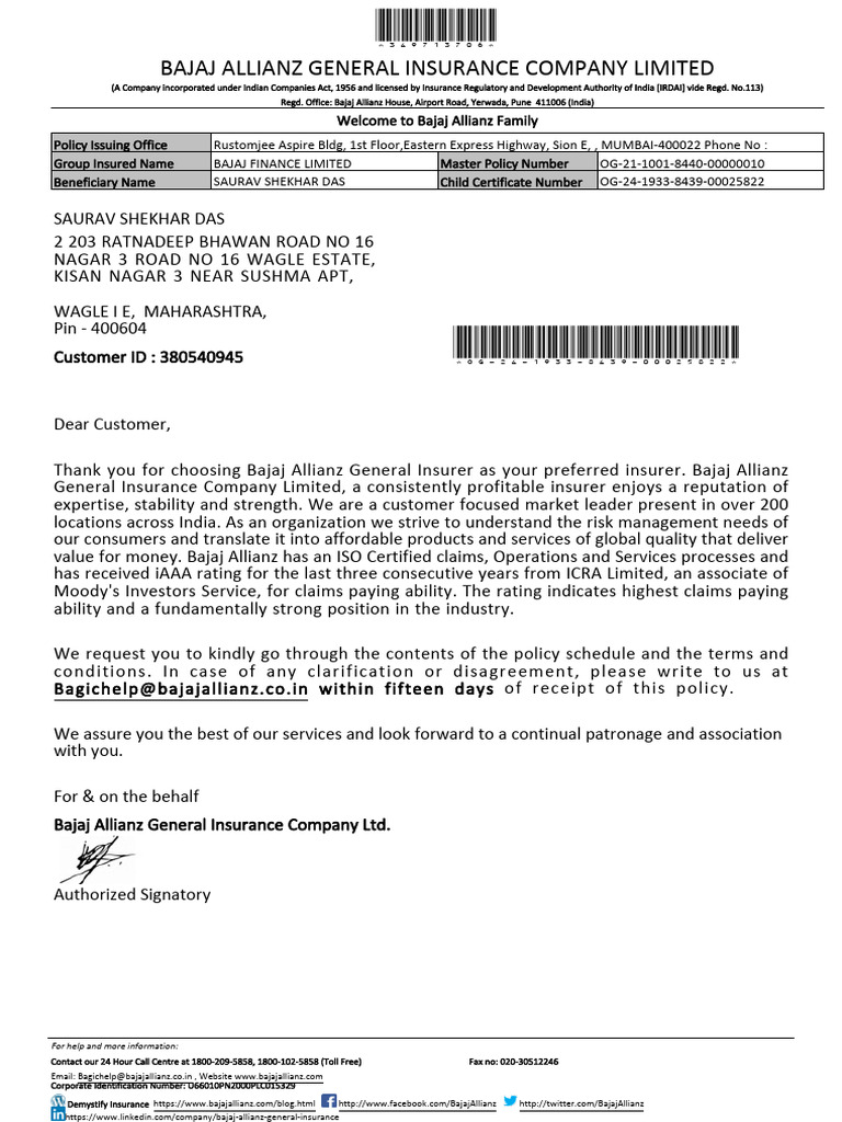 Bajaj Allianz General Insurance _ Policy Document | PDF