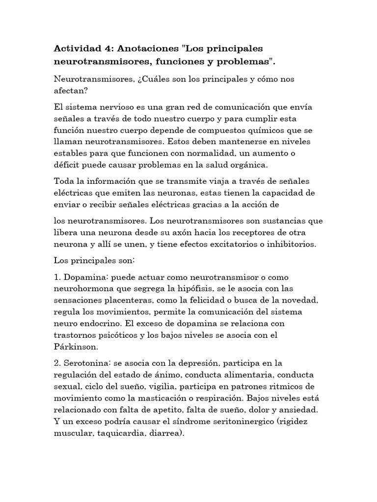 Tarea Neurotransmisores | PDF