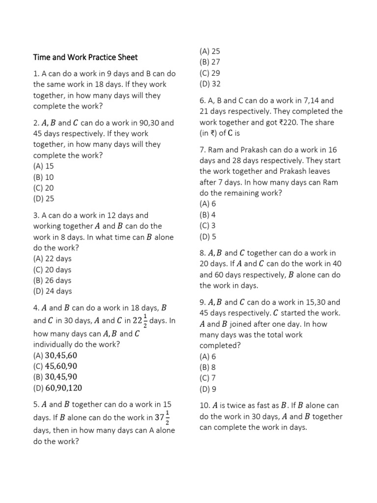 Practice_Sheet_Time_and_Work | PDF