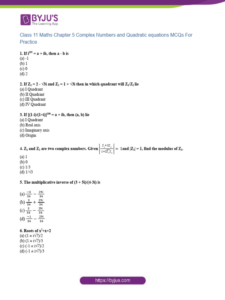 Class 11 Maths Chapter 5 Complex Numbers and Quadratic Equations MCQs | PDF