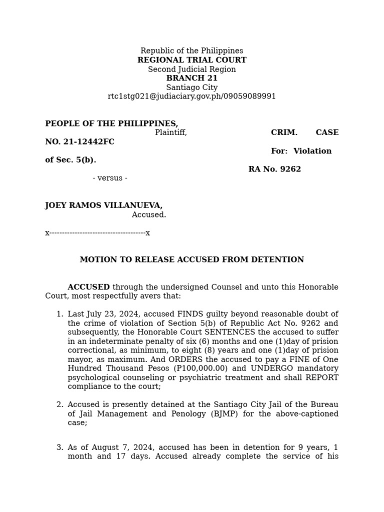Motion To Release Accused From Detention | PDF
