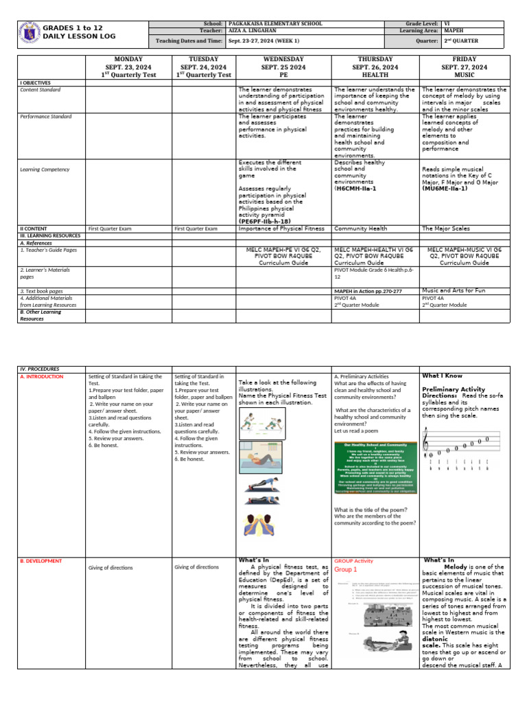 DLL Mapeh 6 Q2 W1 | PDF