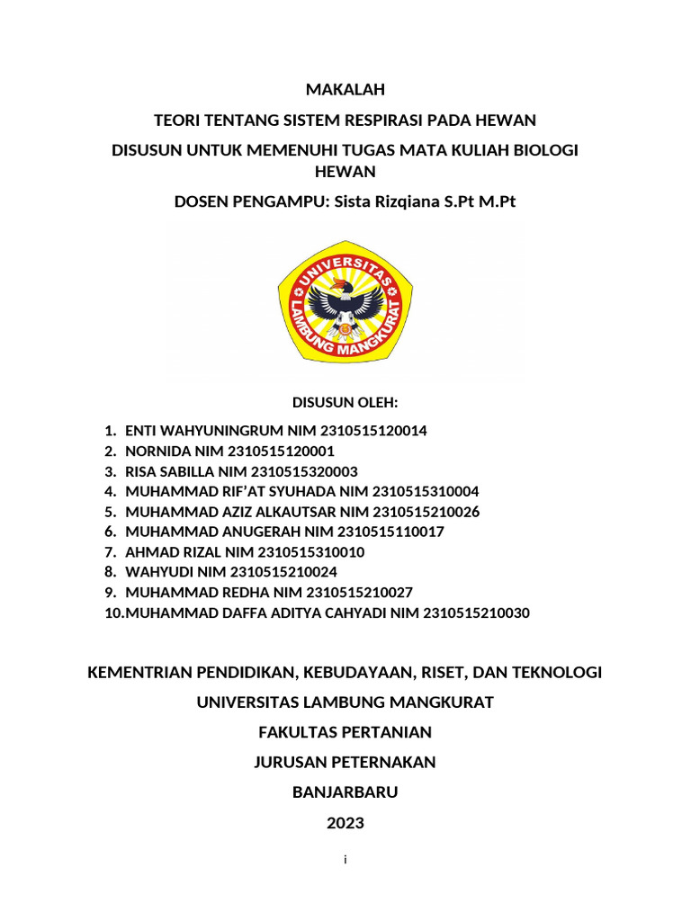 MAKALAH BIOLOGI HEWAN SISTEM RESPIRASI KEL 5 | PDF