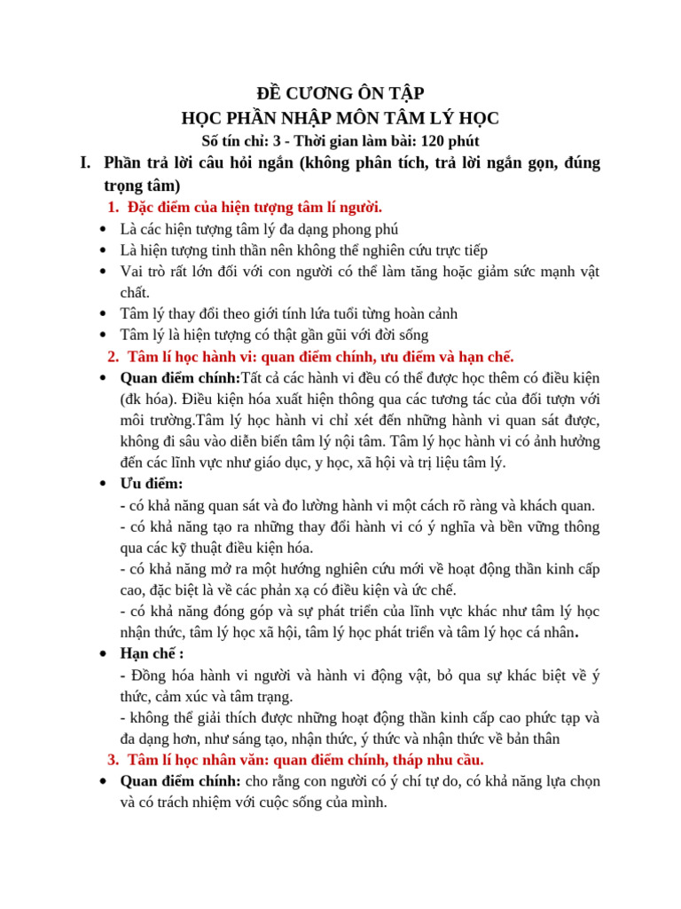 ĐỀ CƯƠNG ÔN TẬP NHẬP MÔN TLH | PDF