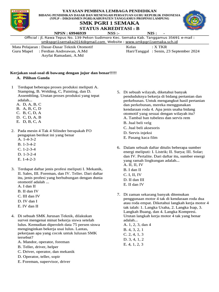 Soal Dasar Dasar Otomotif | PDF