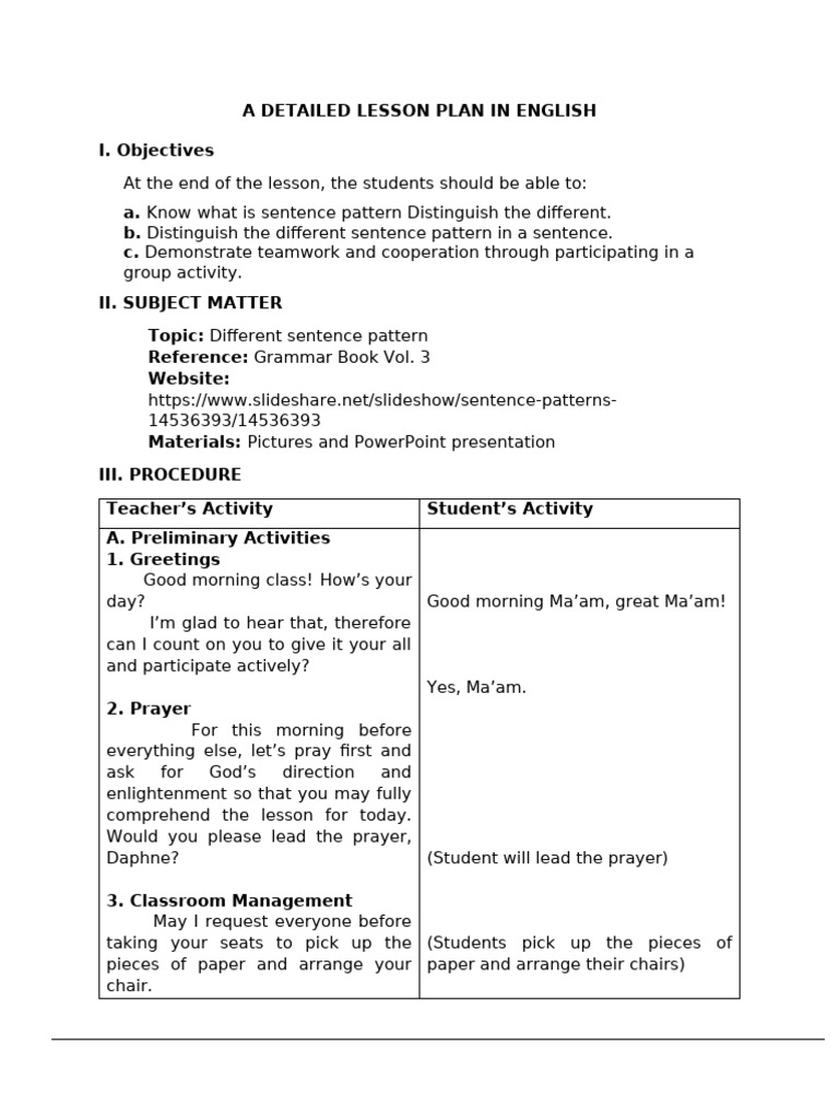 Lesson Plan: Understanding Sentence Patterns | PDF | Object (Grammar ...