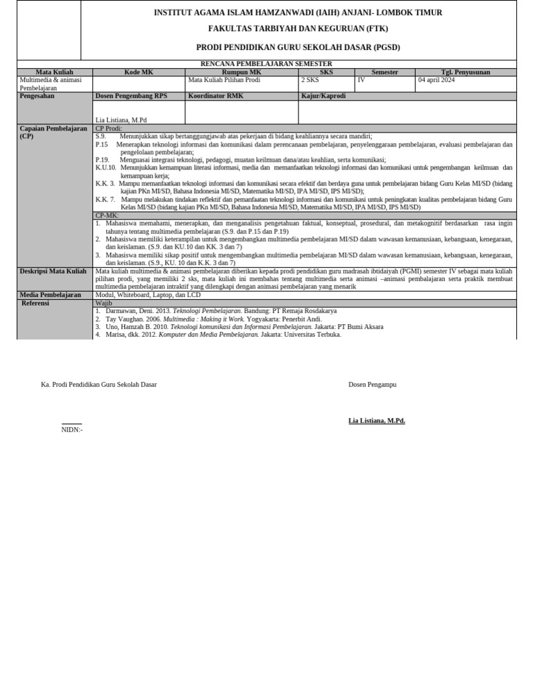 RPS Multimedia Dan Animasi Pembelajaran (Recovered) | PDF