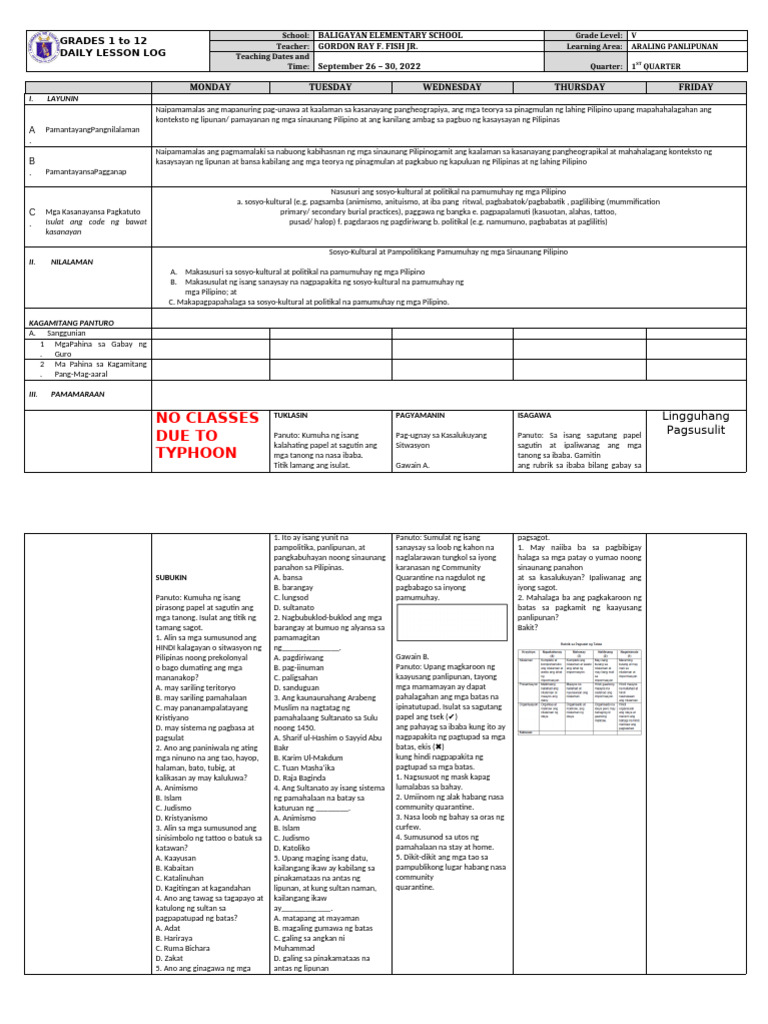 DLL Araling Panlipunan 5 q1 w6 | PDF