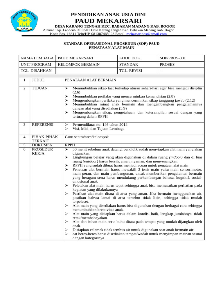 1 Sop Paud Penataan Alat Main | PDF