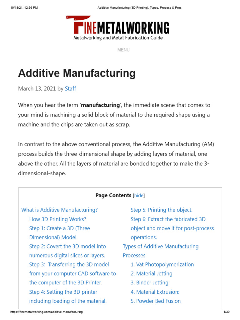 Additive Manufacturing (3D Printing) - Types, Process & Pros | PDF