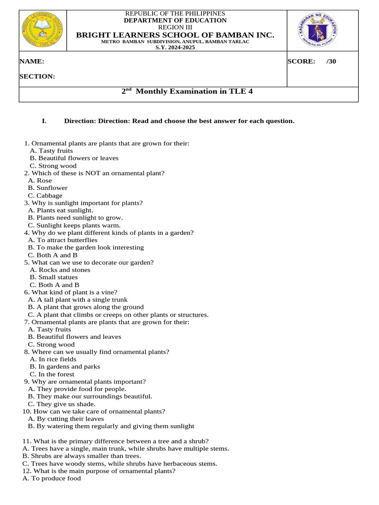 Grade 4 Tle 2ND Monthly Exam | PDF