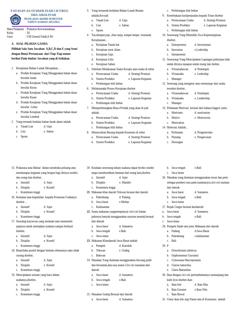 5. PAS GANJIL 2022-2023 - PKWU XI | PDF