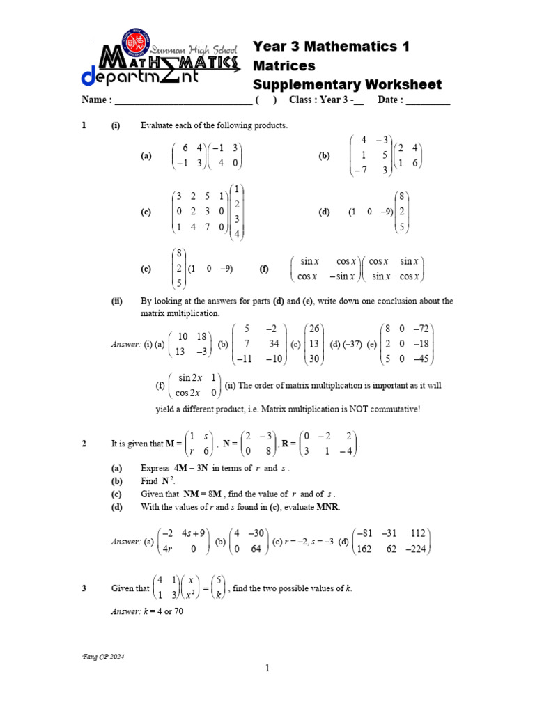 Microsoft Word - 2024 Matrices Supplementary Worksheet | PDF