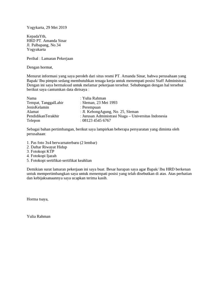 Contoh Surat Lamaran Kerja Bagian Admin | PDF