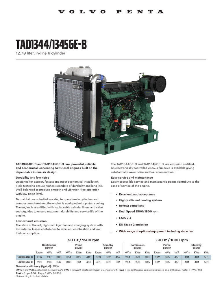 Volvo Eu Stage II, Epa Tier 2 50hz 320kw, 400kva Tad1344ge | PDF