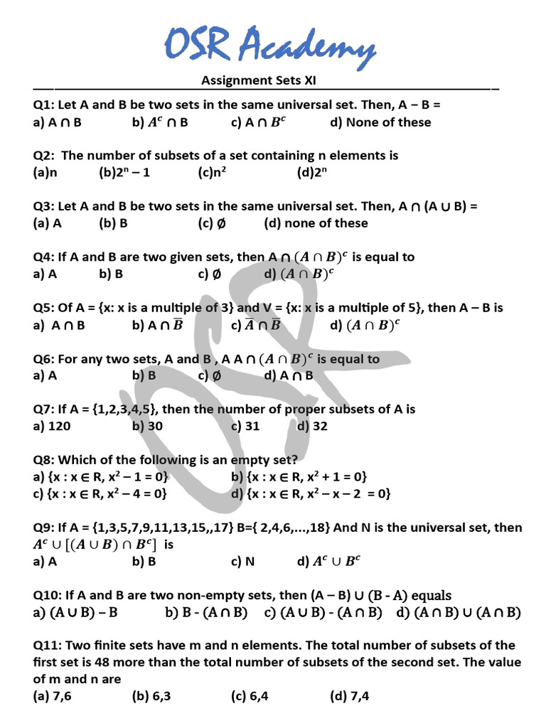 Set Theory Multiple Choice Questions | PDF