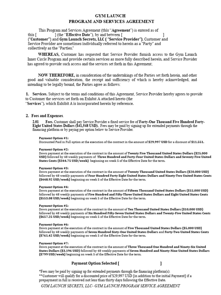 Gym Launch Inner Circle - Sample Agreement | PDF