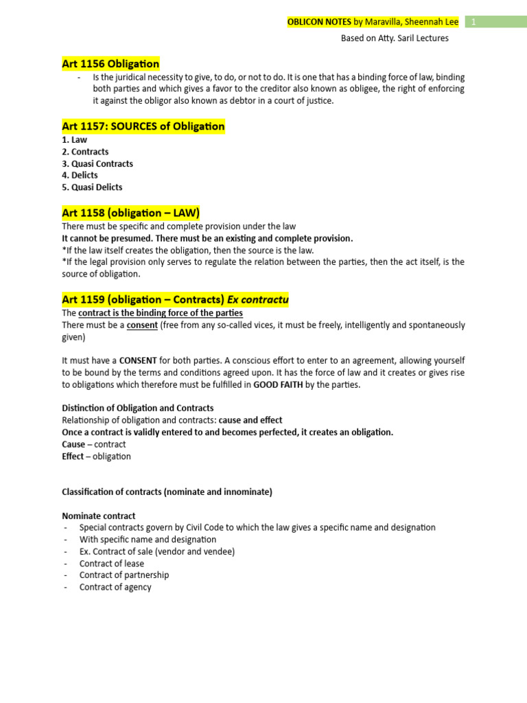 Oblicon Notes OBLIGATIONS Only | PDF