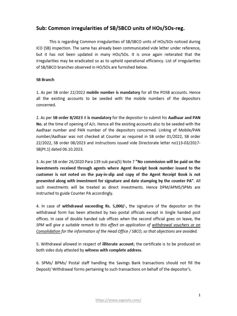 SB/SBCO Irregularities Guide | PDF | Cheque | Payments