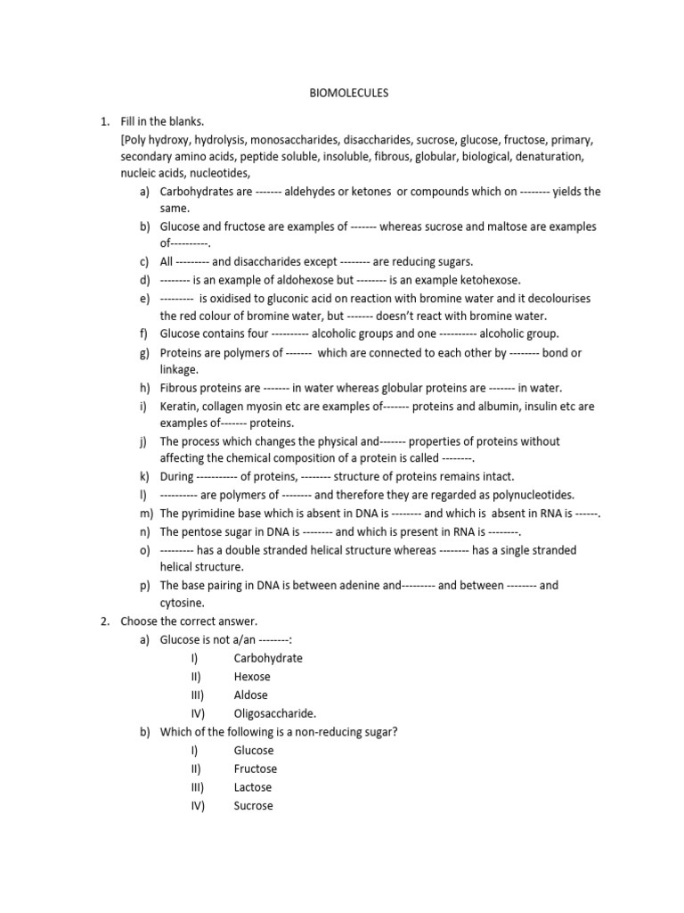 Practice Questions BIOMOLECULES | PDF | Carbohydrates | Biomolecules