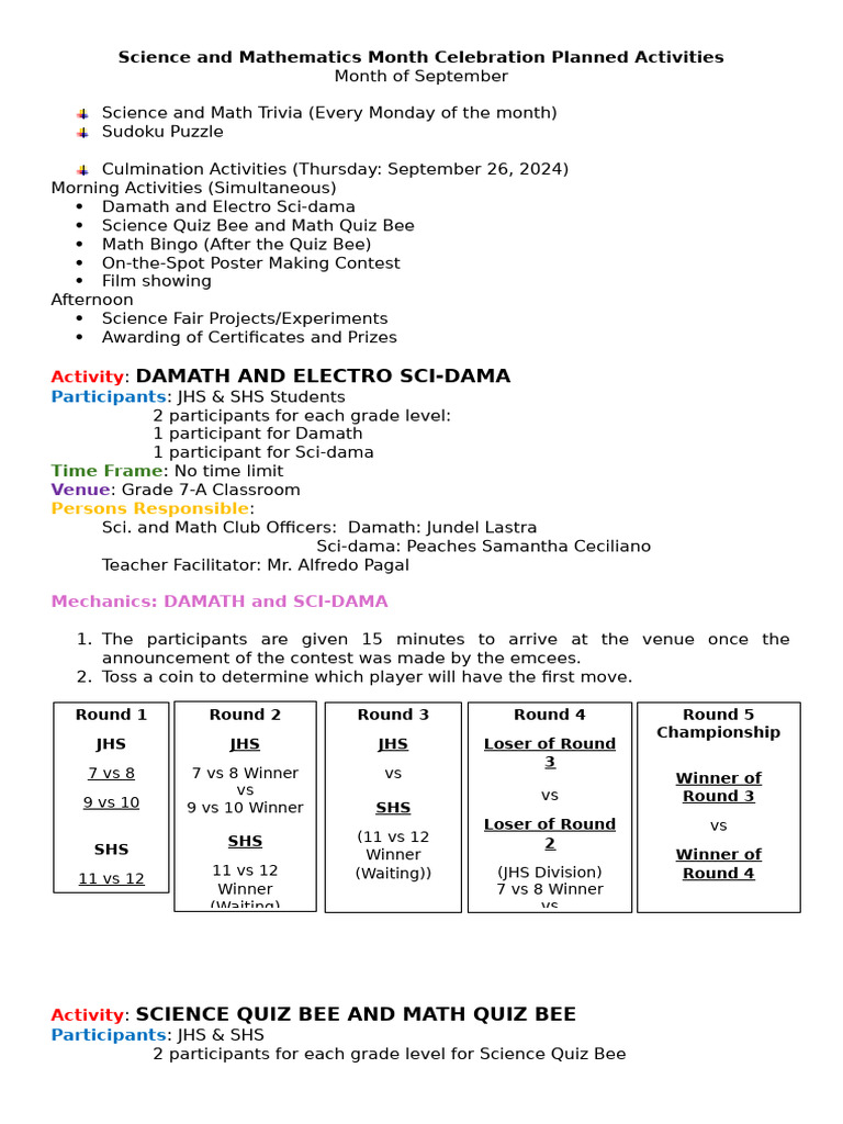 Science and Mathematics Month Celebration Planned Activities | PDF
