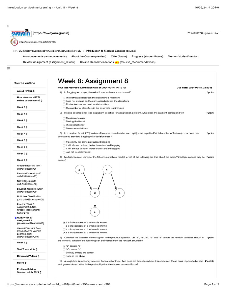 Introduction To Machine Learning - Unit 11 - Week 8 | PDF