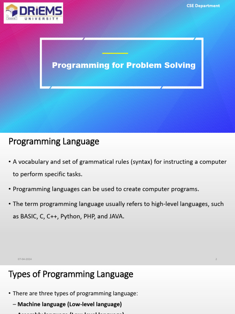 PPT Unit 1 Introduction to Programming | PDF PPT Unit 1 Introduction to Programming | PDF