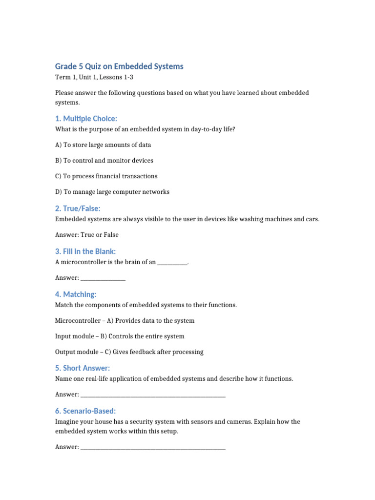 Grade 5 Embedded Systems Quiz | PDF