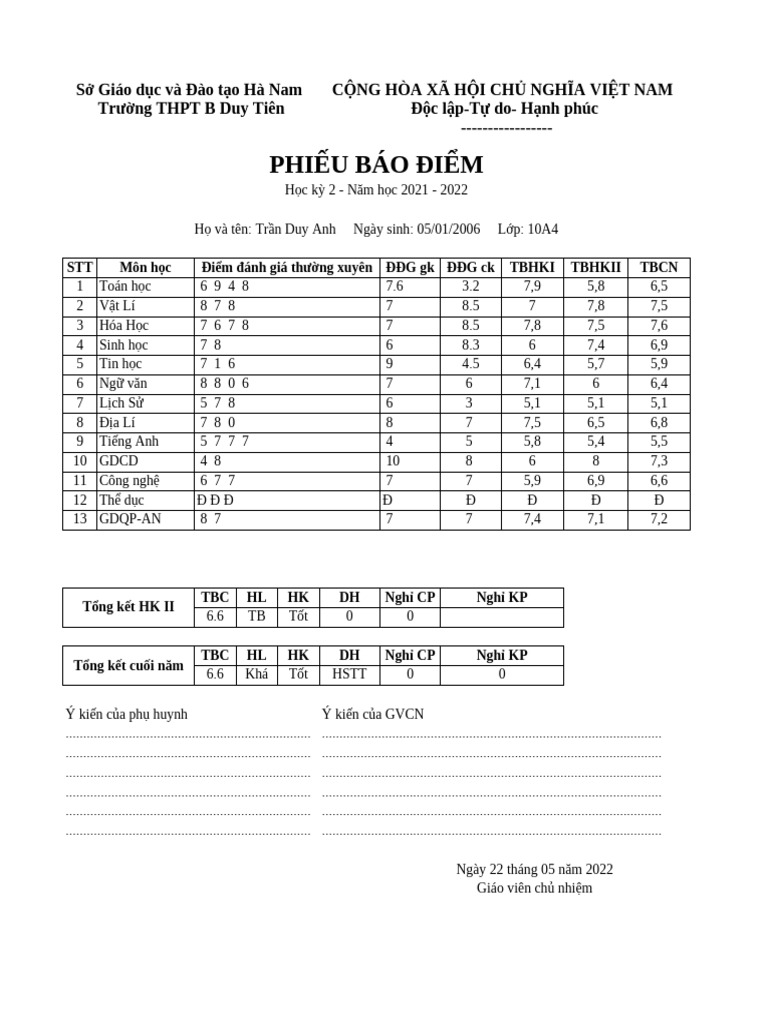 Phieu Bao Diem 10a4 1653209569 | PDF