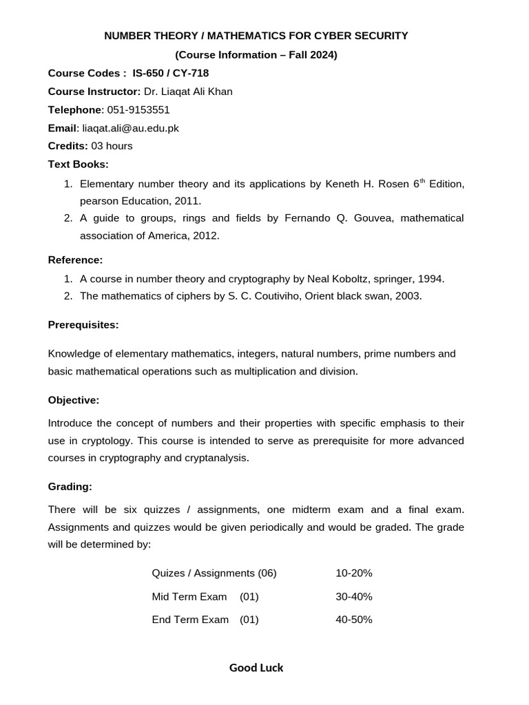 Number Theory N Mathematics Fro Cyber Security CBD | PDF