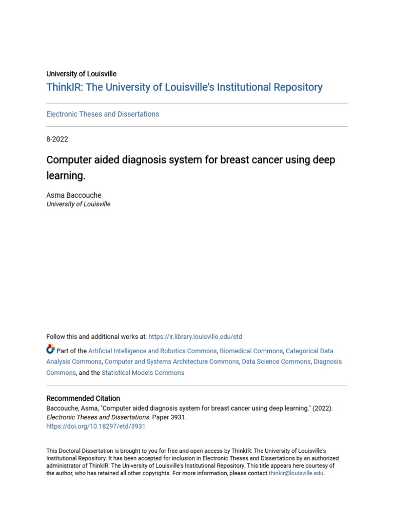 Computer Aided Diagnosis System for Breast Cancer Using Deep Learthesis | PDF