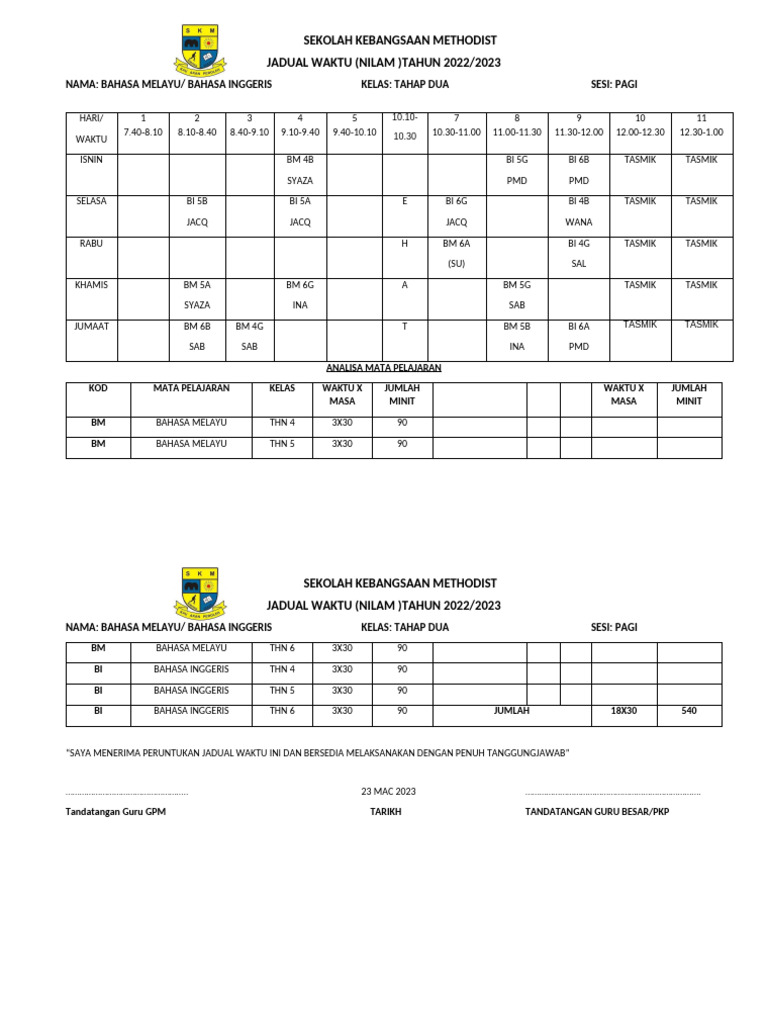 Jadual Nilam Sesi Pagi 2023 | PDF